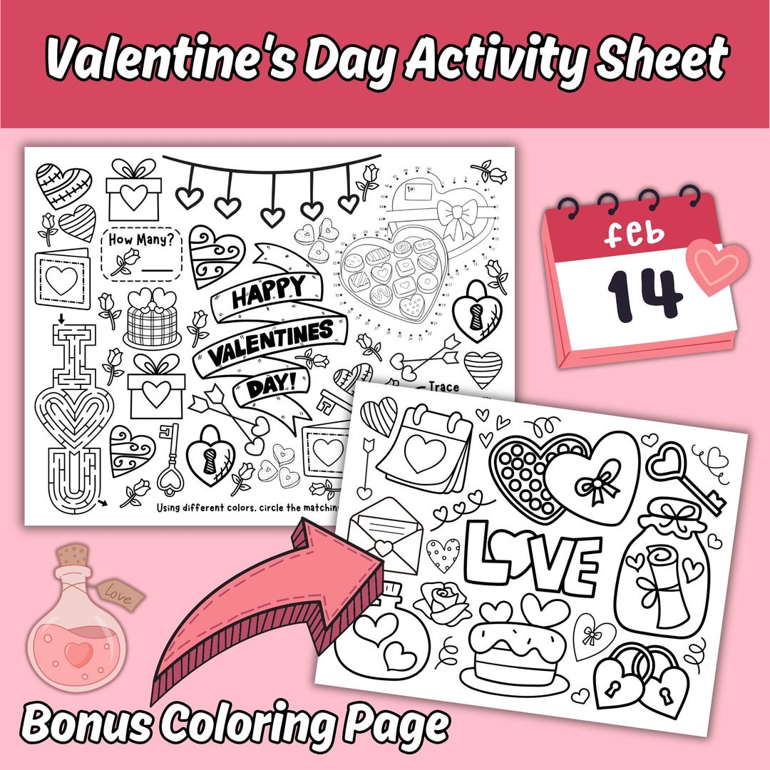 Valentine's Day Coloring Activity Worksheets for Kids, Valentine's Day ...