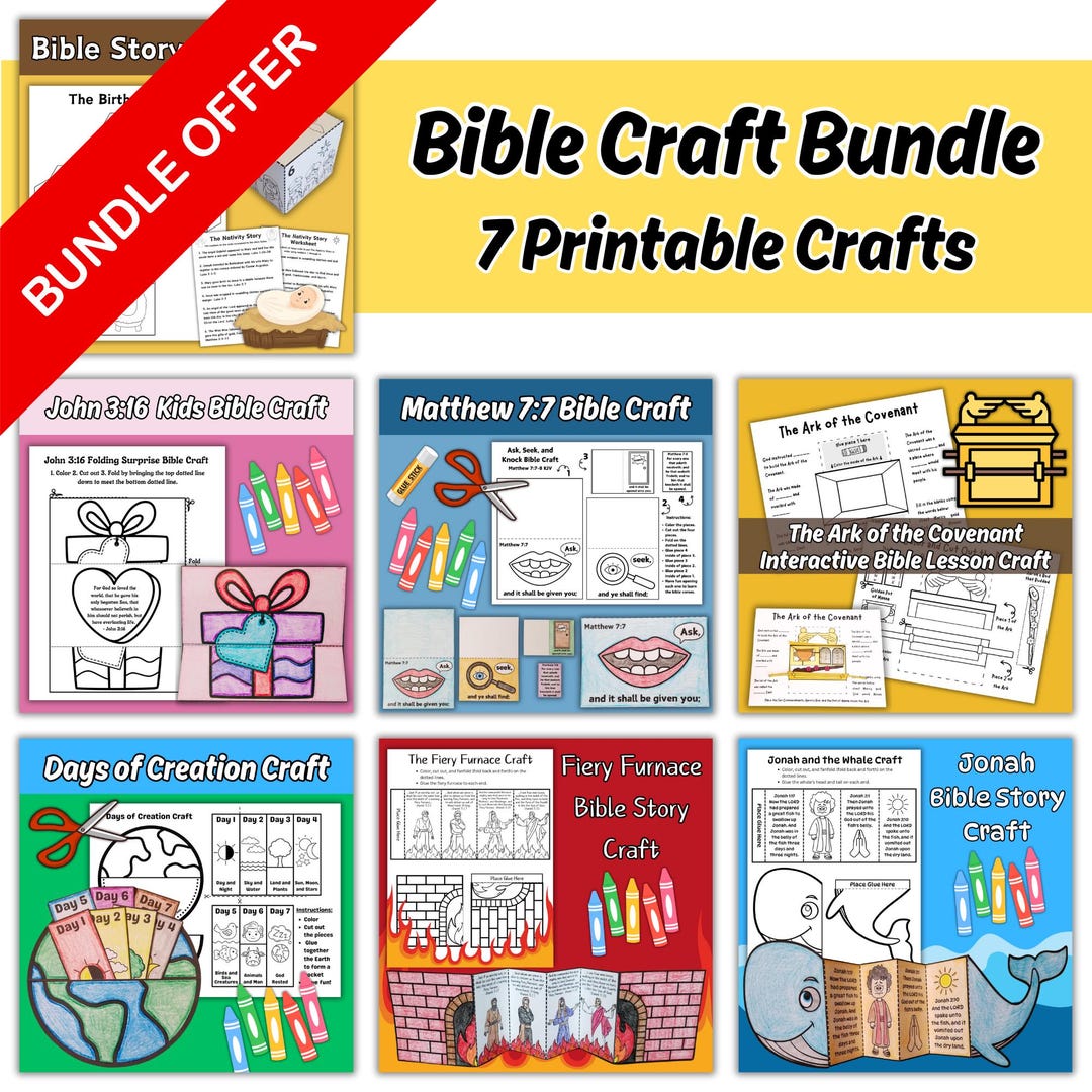 Bible Craft Bundle for Kids, 7 Printable Color Cut Paste Christian ...