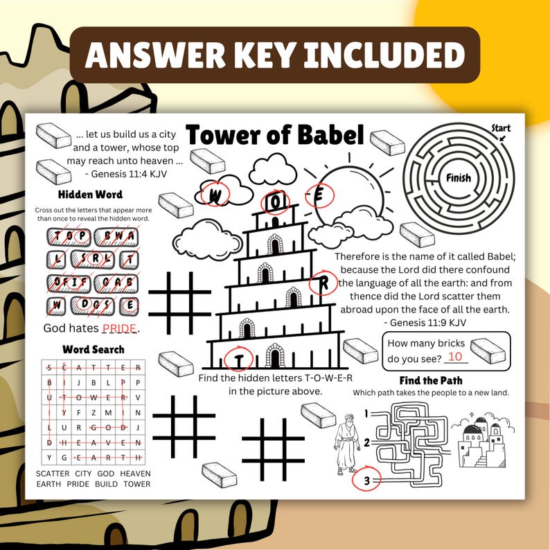 Tower of Babel Activity Sheet, Bible Story Coloring Activity Page ...