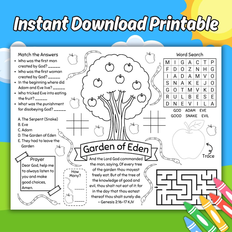 Garden of Eden Bible Story Activity Sheet Printable for Kids, Adam and ...