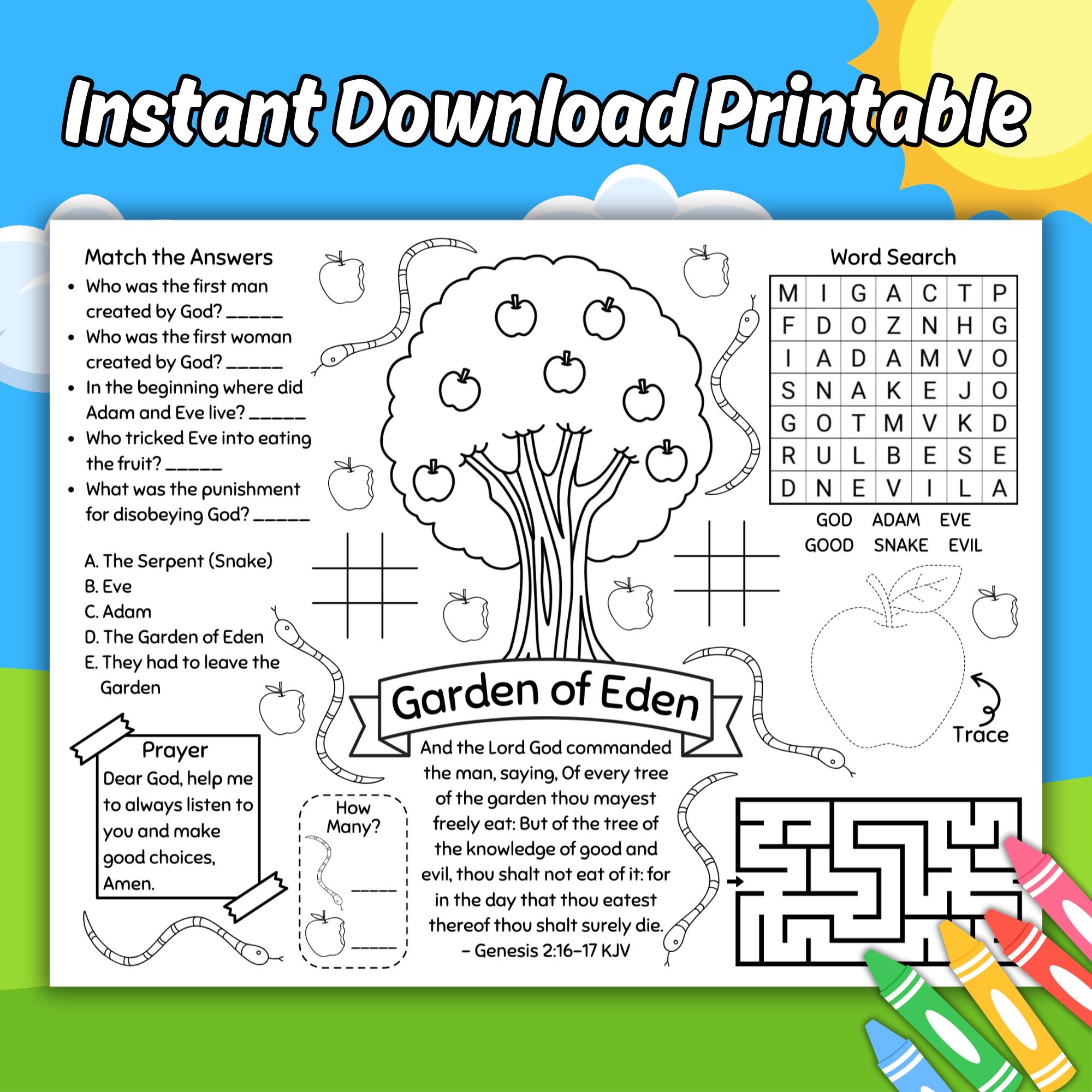 Garden of Eden Bible Story Activity Sheet Printable for Kids, Adam and ...