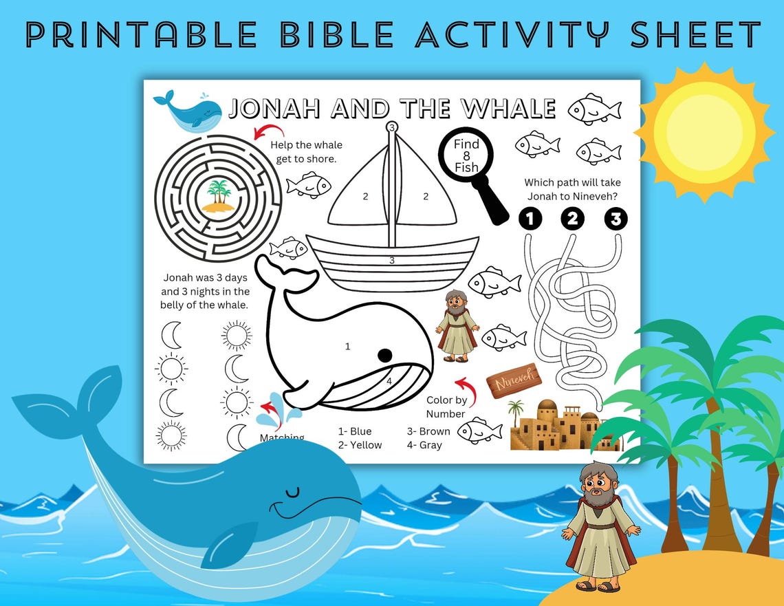 Jonah and the Whale Kids Printable Activity Sheet, Bible Story Coloring ...