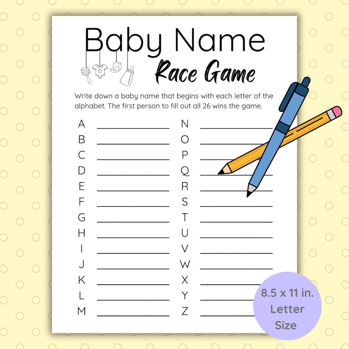 Baby Name Race Game, Baby Shower Game, Printable Baby Shower Game, ABC ...