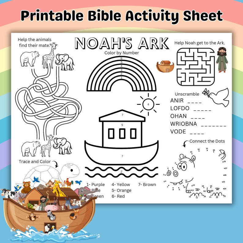 Noah's Ark Kids Printable Activity Sheet, Bible Story Coloring Activity ...