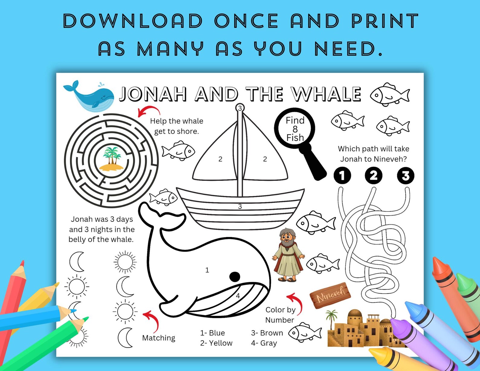 Jonah and the Whale Kids Printable Activity Sheet, Bible Story Coloring ...