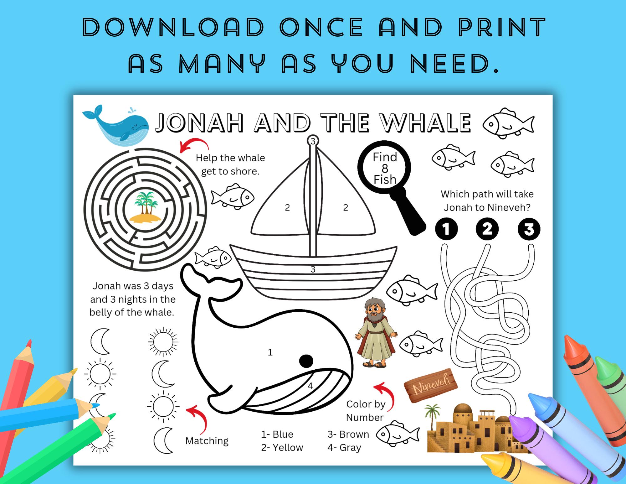 Jonah and the Whale Kids Printable Activity Sheet, Bible Story Coloring ...