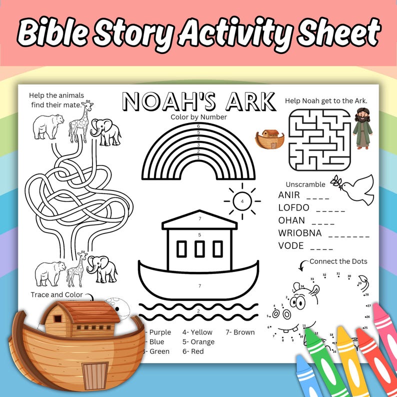 Noah's Ark Kids Printable Activity Sheet, Bible Story Coloring Activity ...