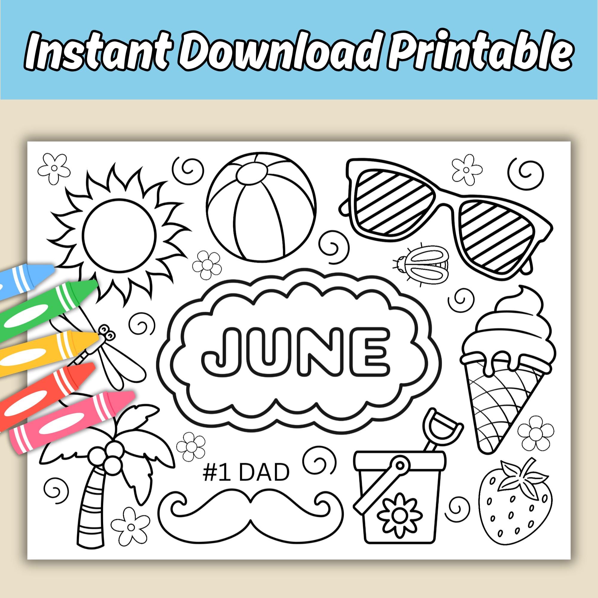 Month of June Printable Coloring Placemat Page for Kids Simple and Bold ...