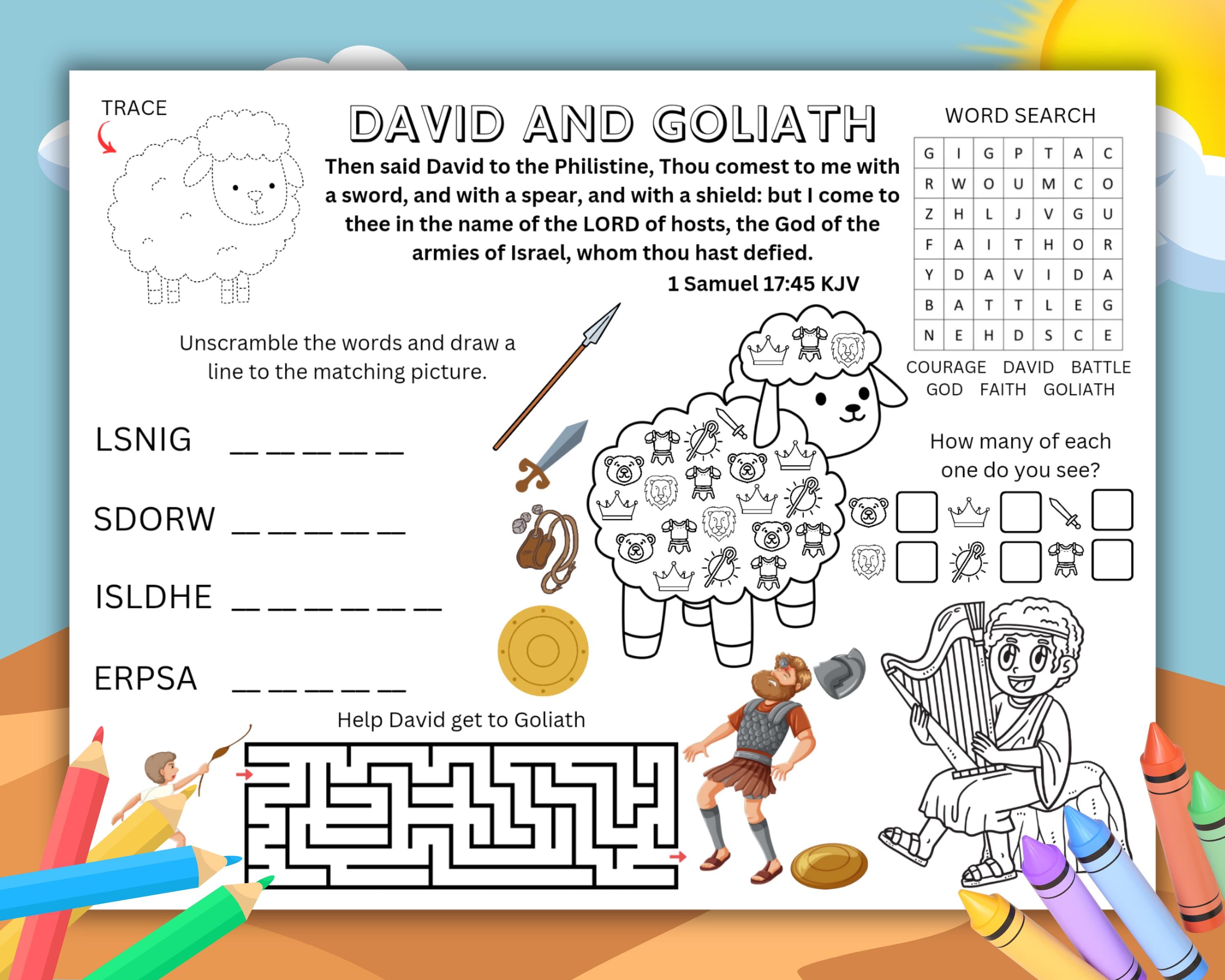 David and Goliath Kids Printable Activity Sheet, Bible Story Coloring ...