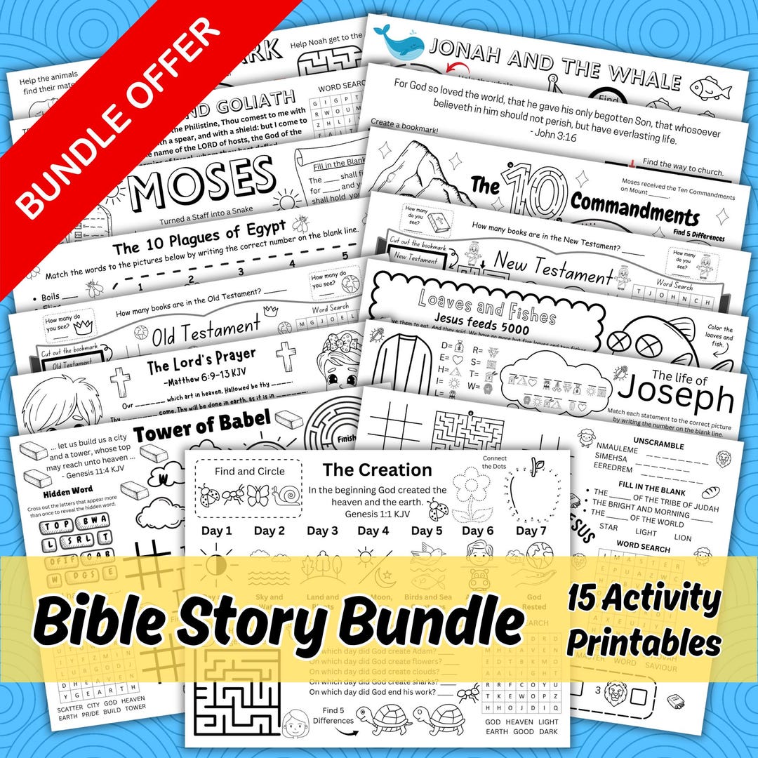 Bible Story Activity Placemat Bundle for Kids, 15 Printable Christian Bible Stories Activity ...