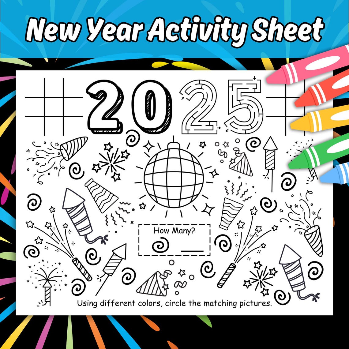 New Year's 2025 Coloring Activity Worksheets for Kids, New Year's Eve ...
