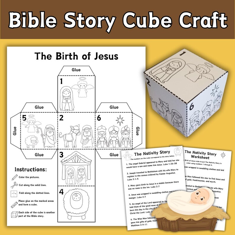 Bible Craft Bundle for Kids, 7 Printable Color Cut Paste Christian ...