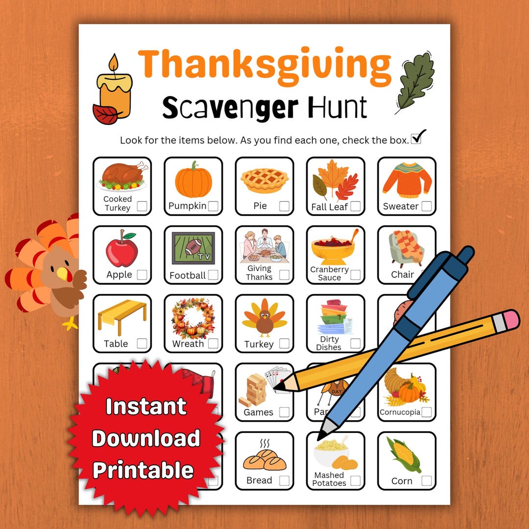 Thanksgiving Scavenger Hunt Printable Game for Kids Thanksgiving Day ...