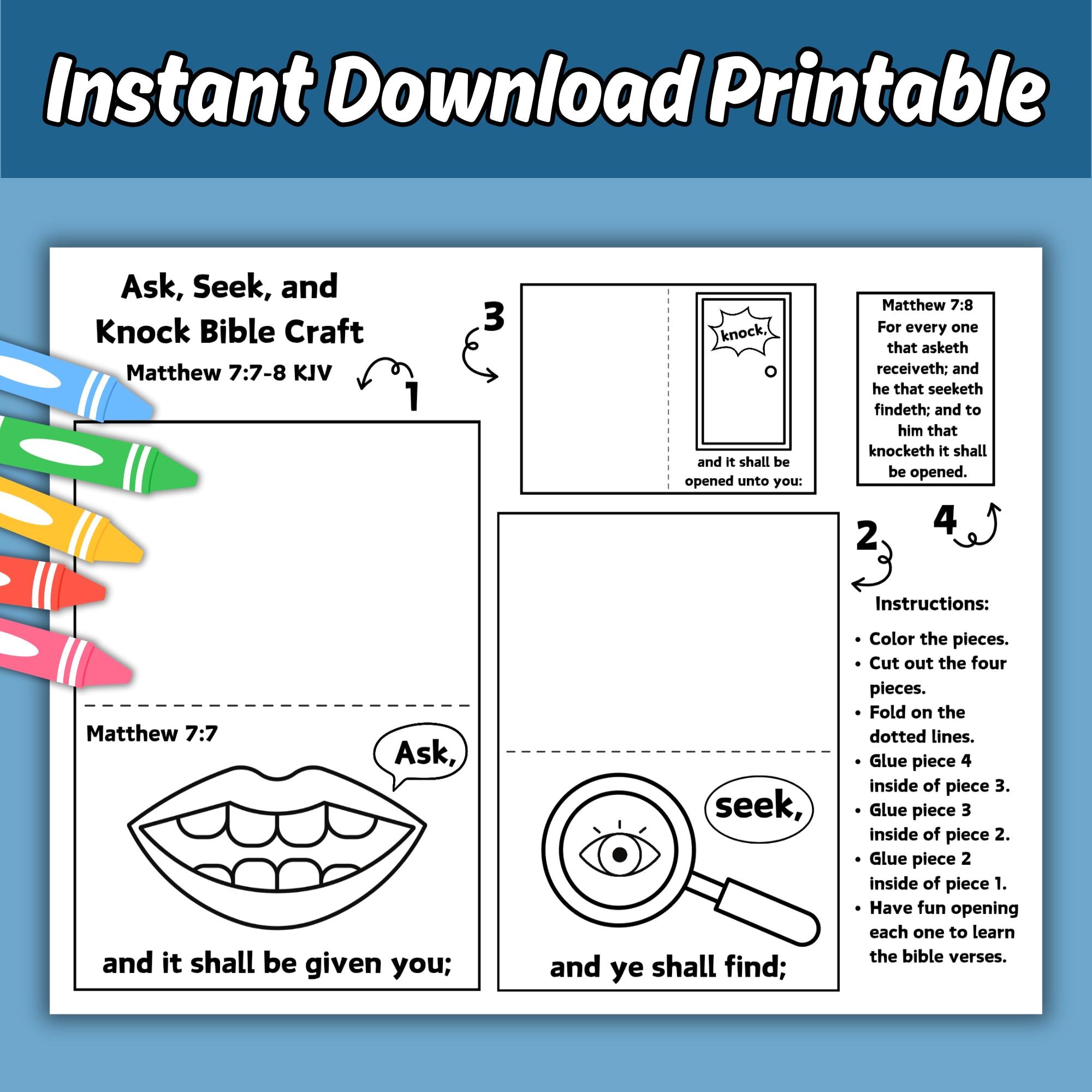 Matthew 7:7-8 Ask Seek Knock Bible Craft Printable for Kids Sunday ...