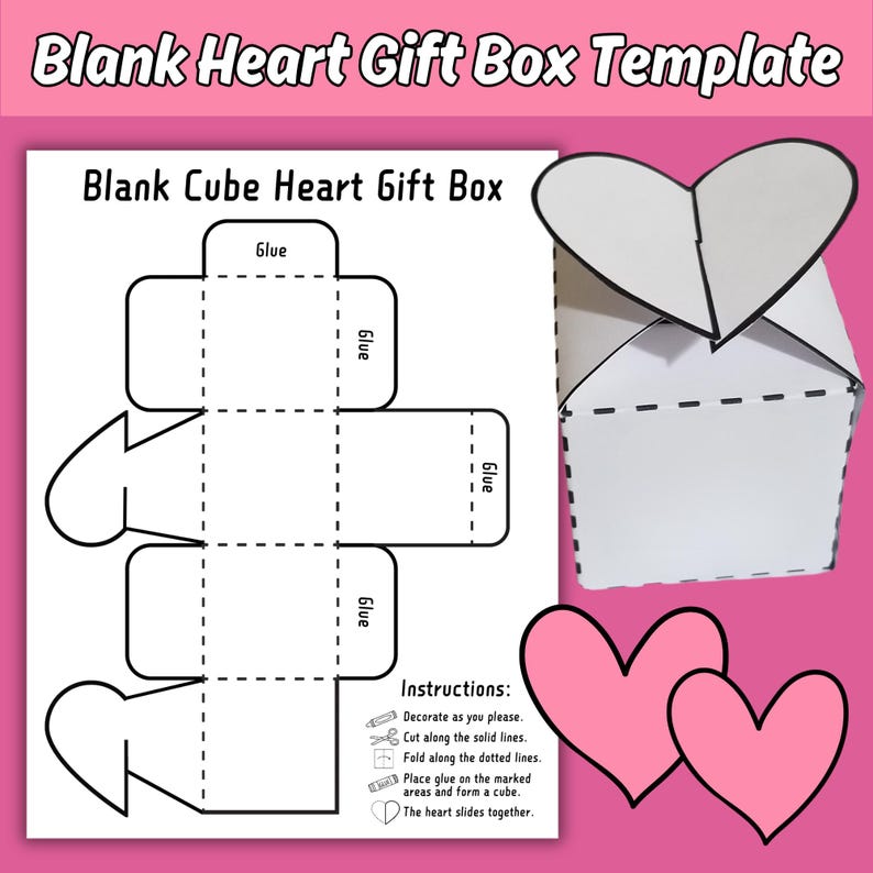 Blank Heart Gift Box Cube Craft for Kids, Printable Heart Treat Box ...