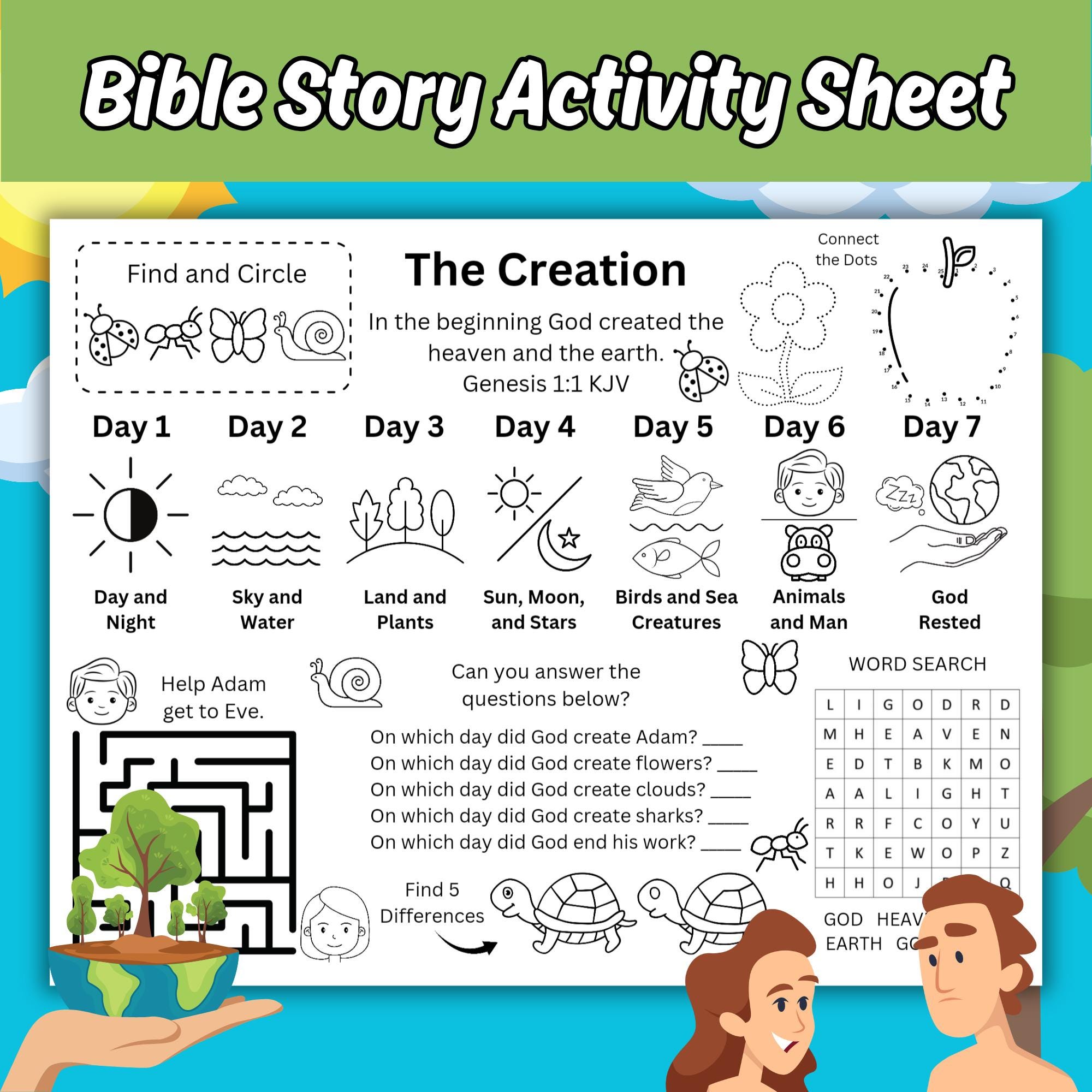 The Creation Kids Activity Sheet, Bible Story Coloring Activity Page ...