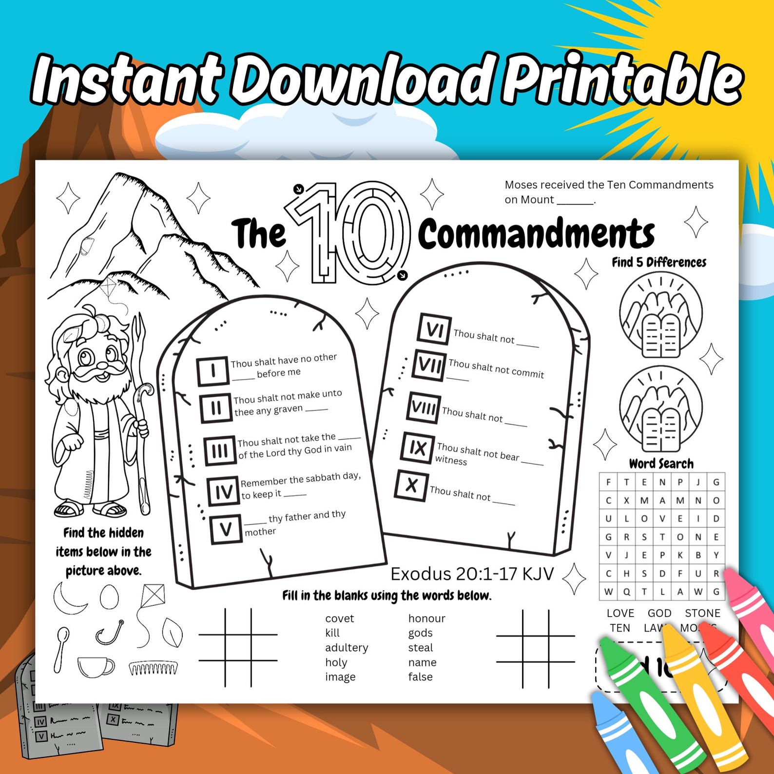 The Ten Commandments Kids Activity Sheet, Bible Coloring Activity Page ...