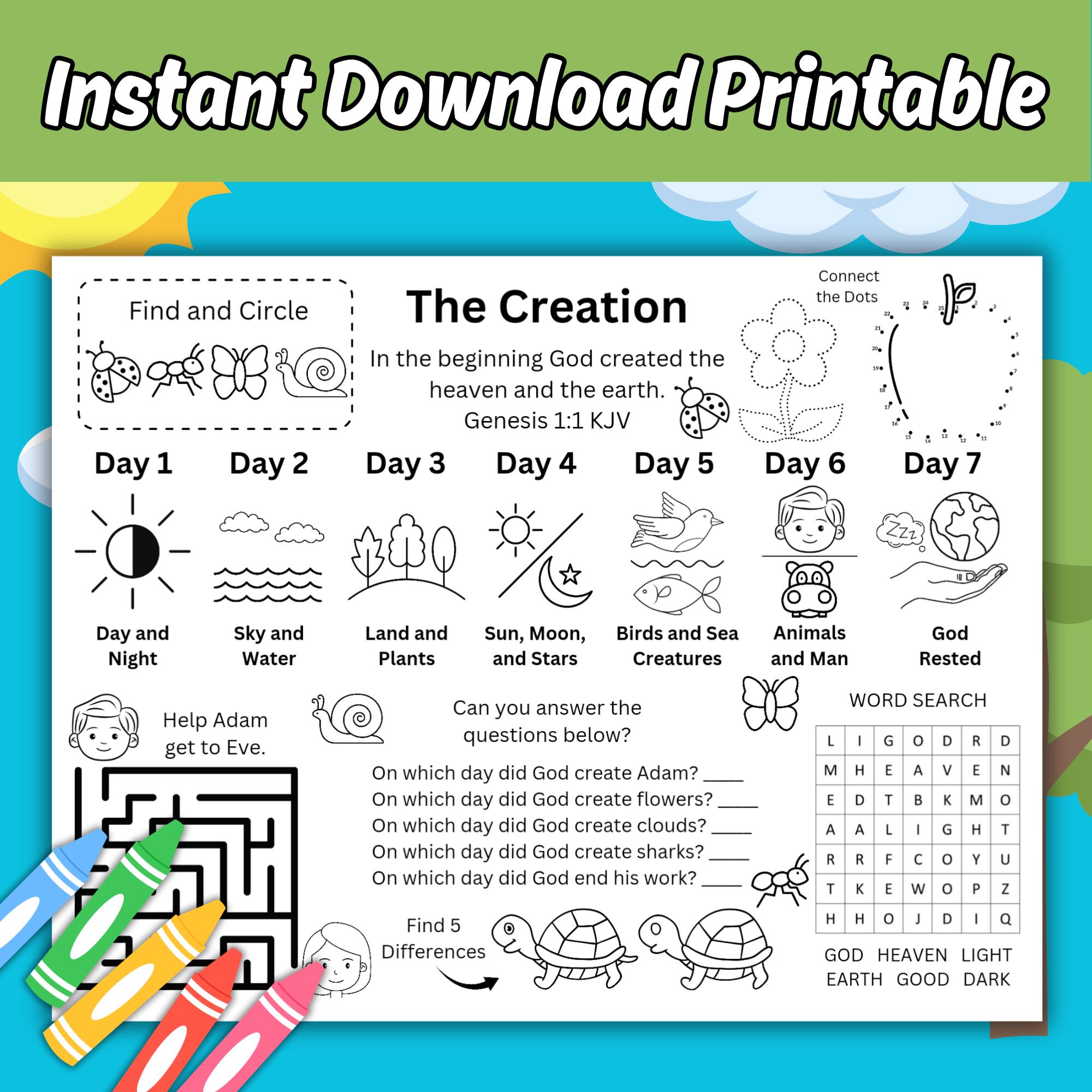 The Creation Kids Activity Sheet, Bible Story Coloring Activity Page ...