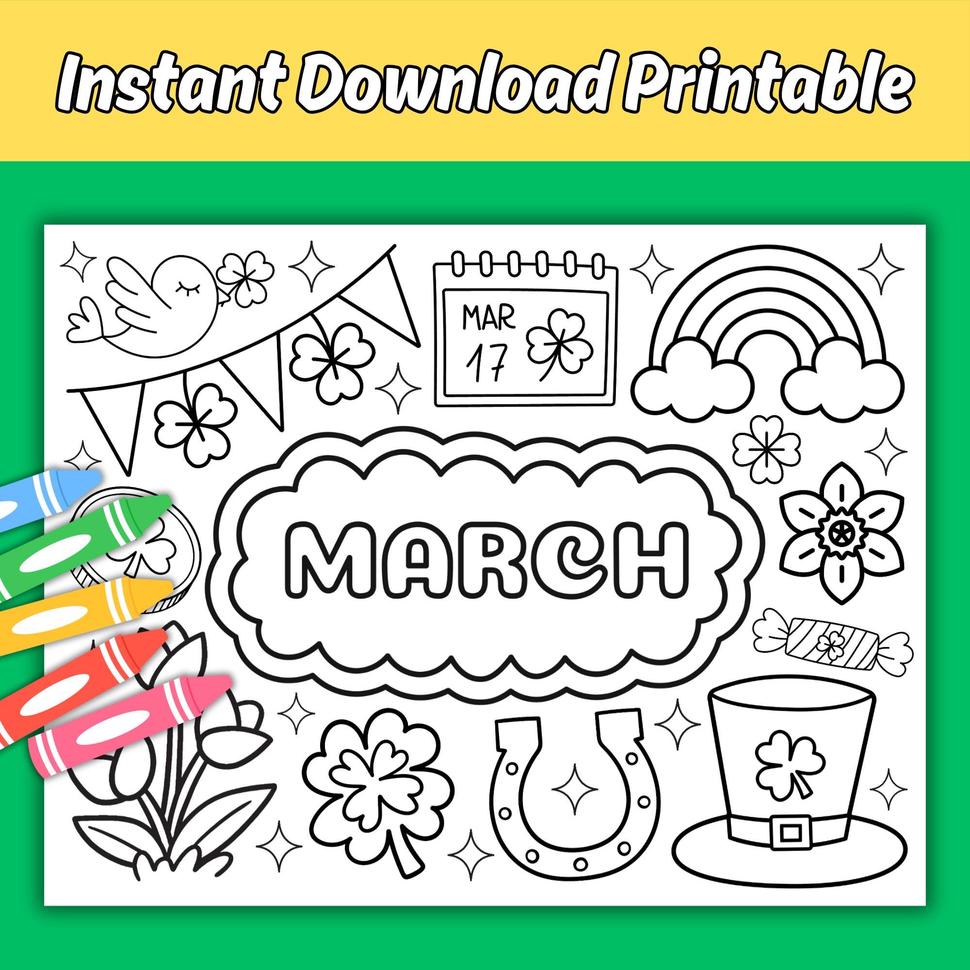 March Coloring Page for Kids, the Month of March Coloring Placemat ...