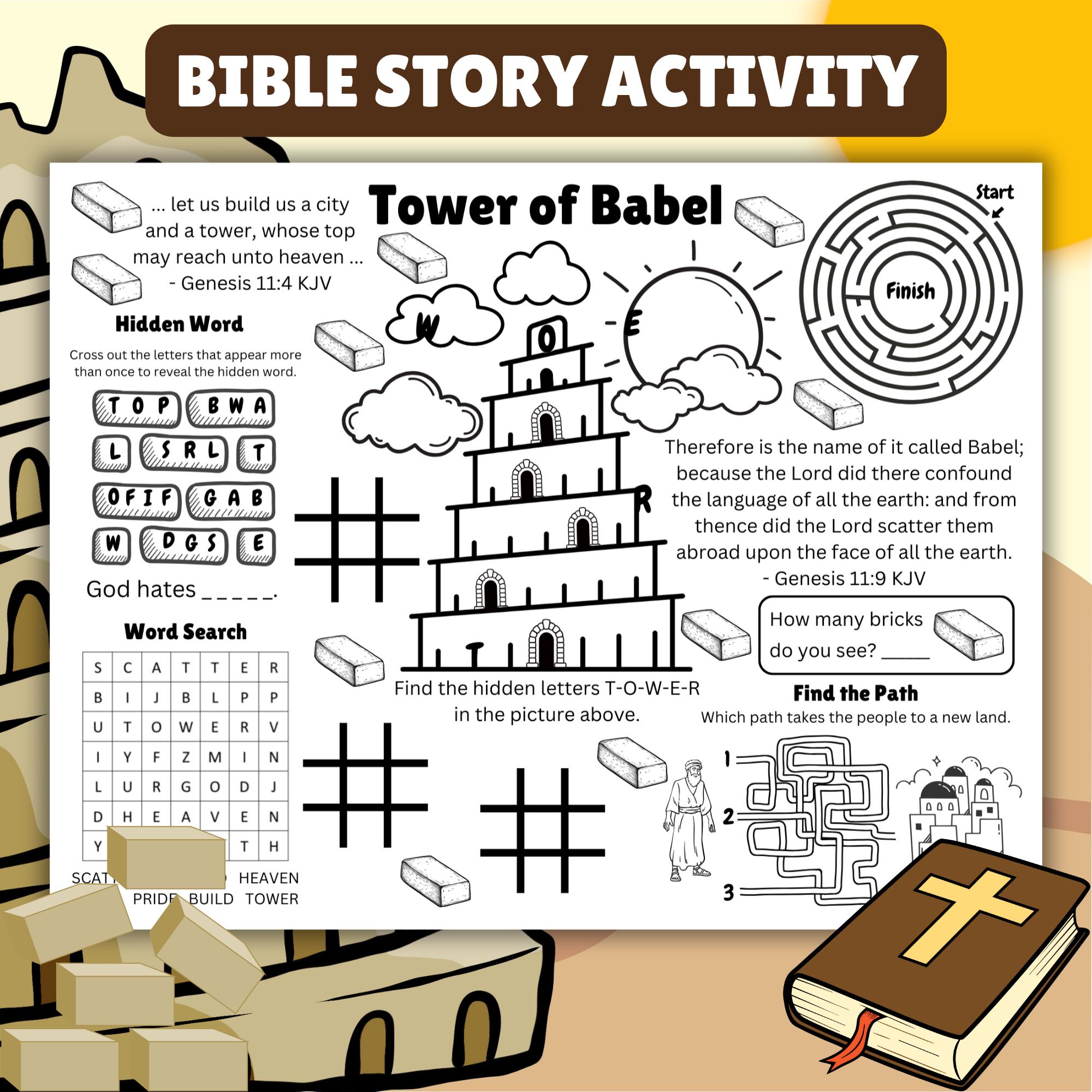 Tower of Babel Activity Sheet, Bible Story Coloring Activity Page ...