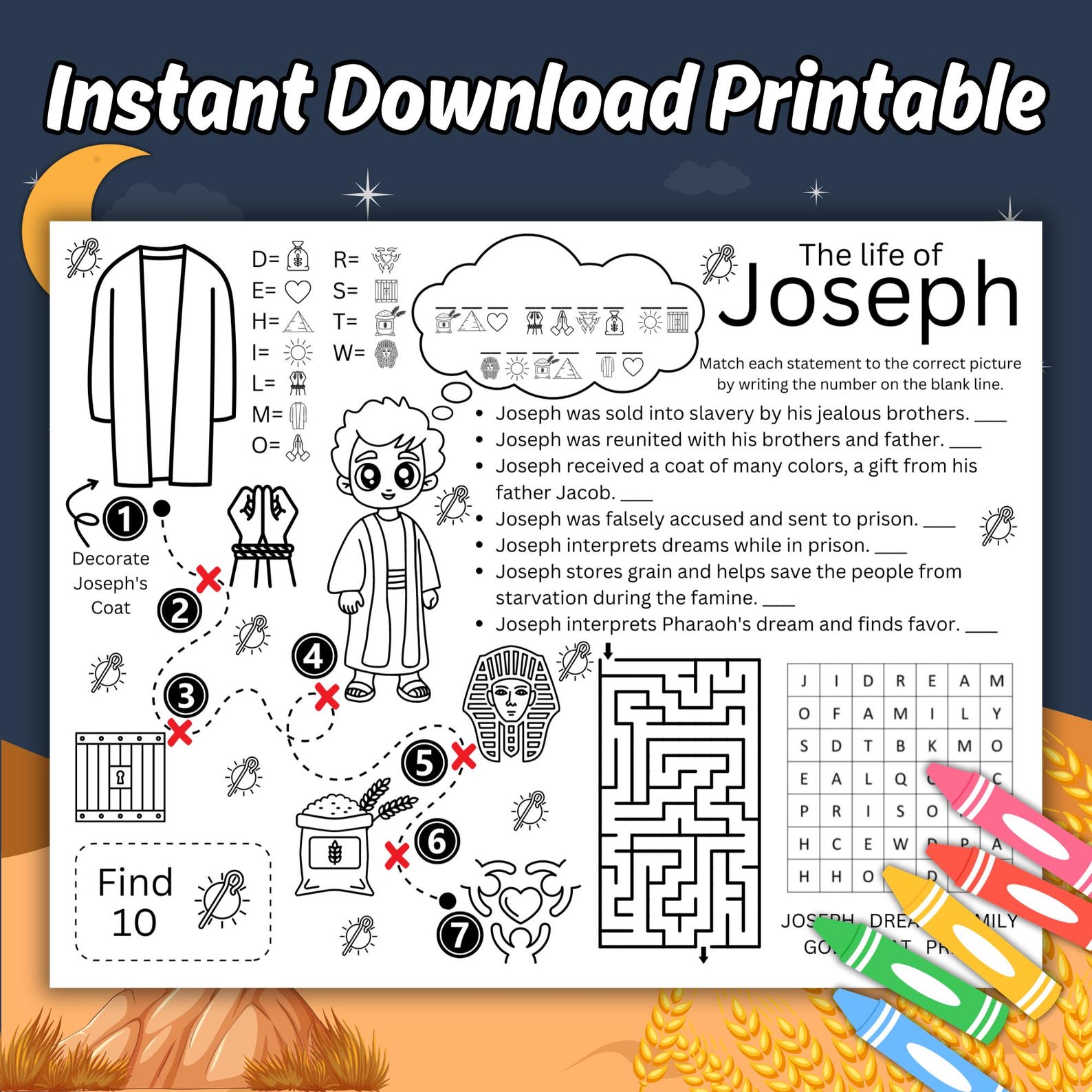 The Life of Joseph the Dreamer Kids Printable Activity Sheet, Joseph ...