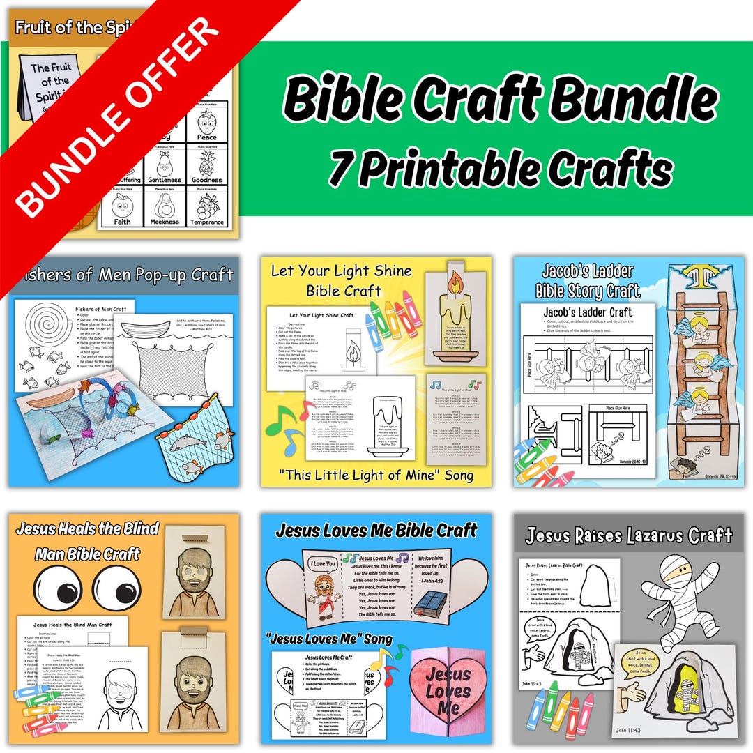 Bible Craft Bundle for Kids, 7 Printable Color Cut Paste Christian ...