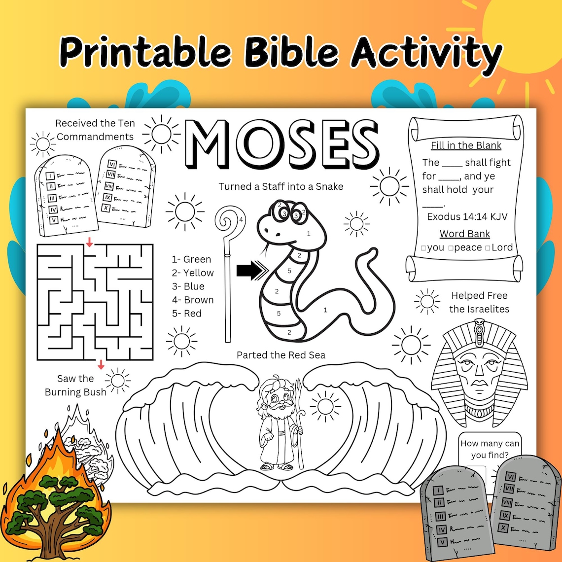 Moses Kids Activity Sheet, Bible Story Coloring Activity Page, Moses ...