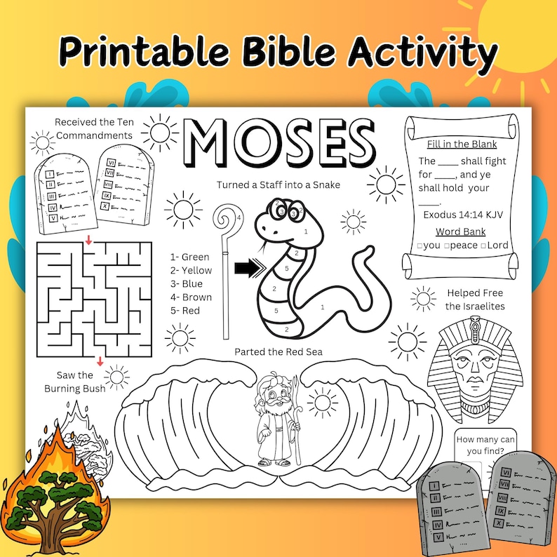 Moses Kids Activity Sheet, Bible Story Coloring Activity Page, Moses ...