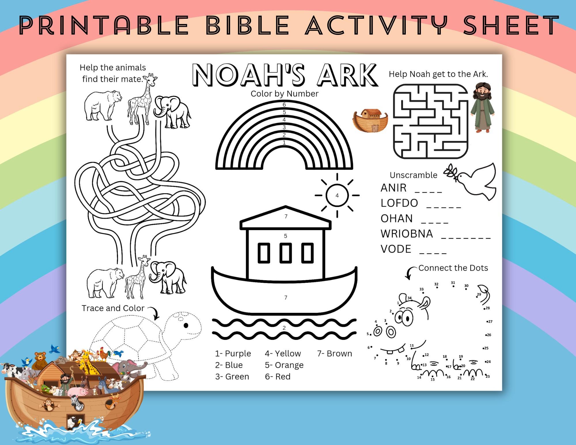 Noah's Ark Kids Printable Activity Sheet, Bible Story Coloring Activity ...