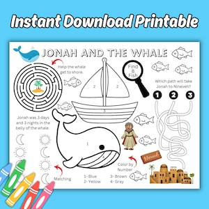 Jonah and the Whale Kids Printable Activity Sheet, Bible Story Coloring ...