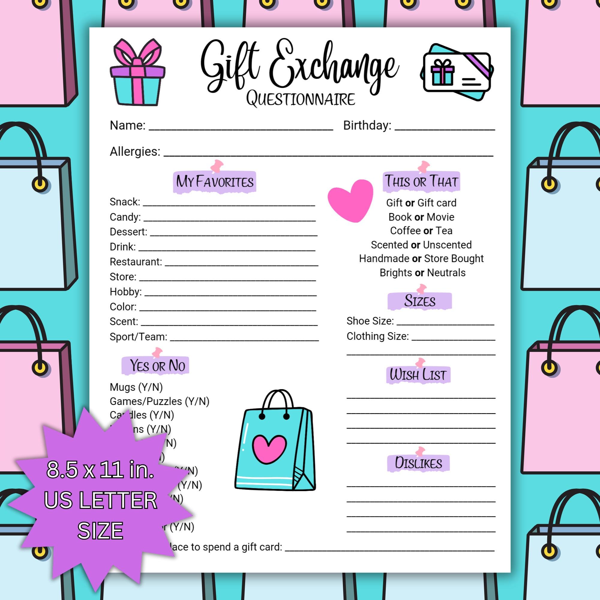 Gift Exchange Questionnaire Printable, Gift Exchange Survey, Gift ...
