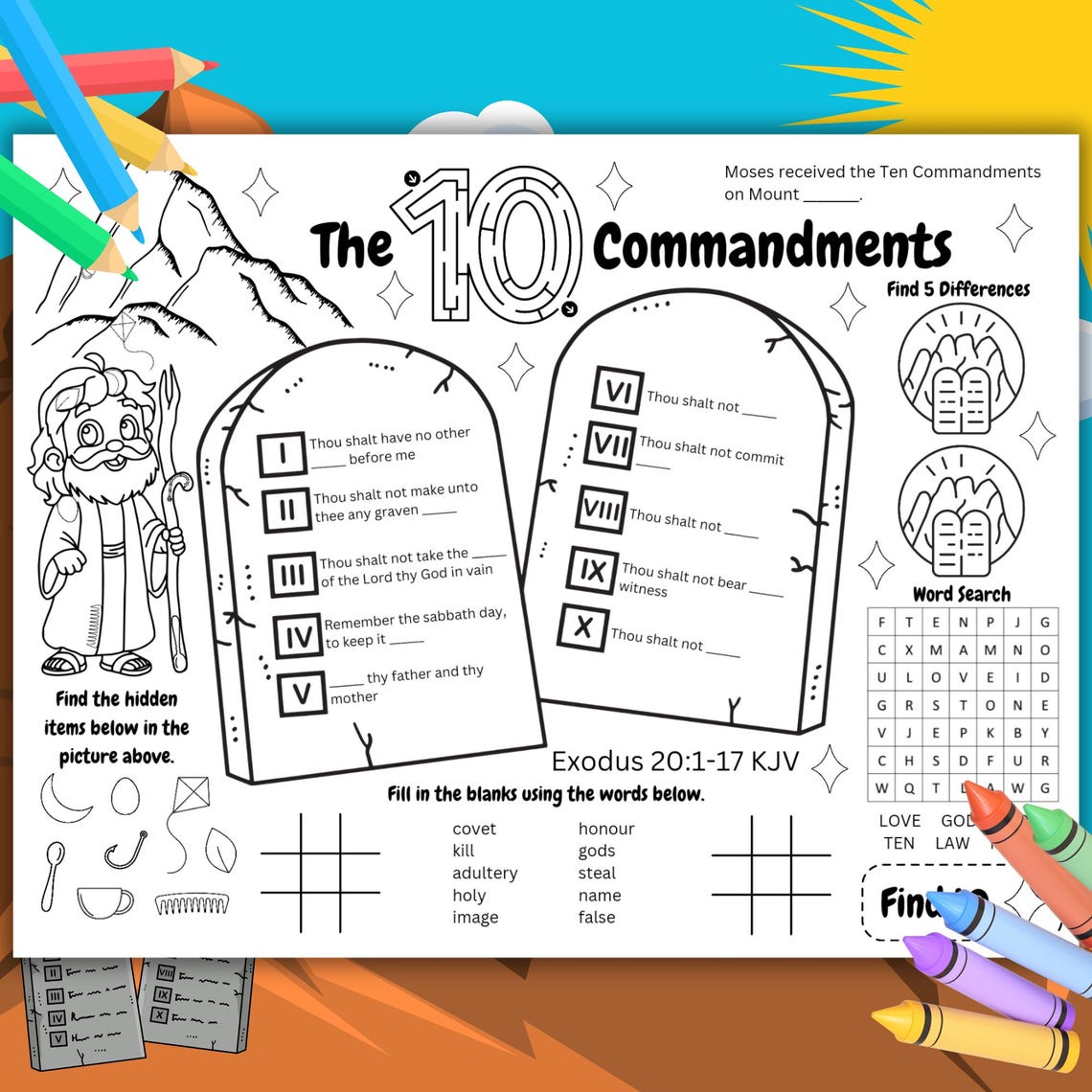 The Ten Commandments Kids Activity Sheet, Bible Coloring Activity Page ...