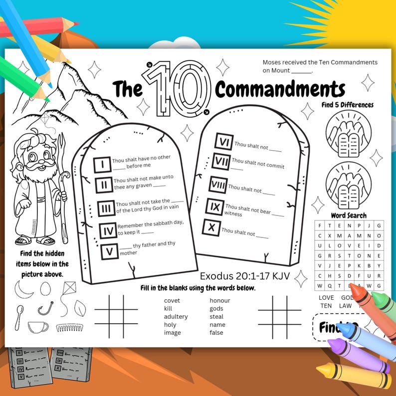 The Ten Commandments Kids Activity Sheet, Bible Coloring Activity Page ...