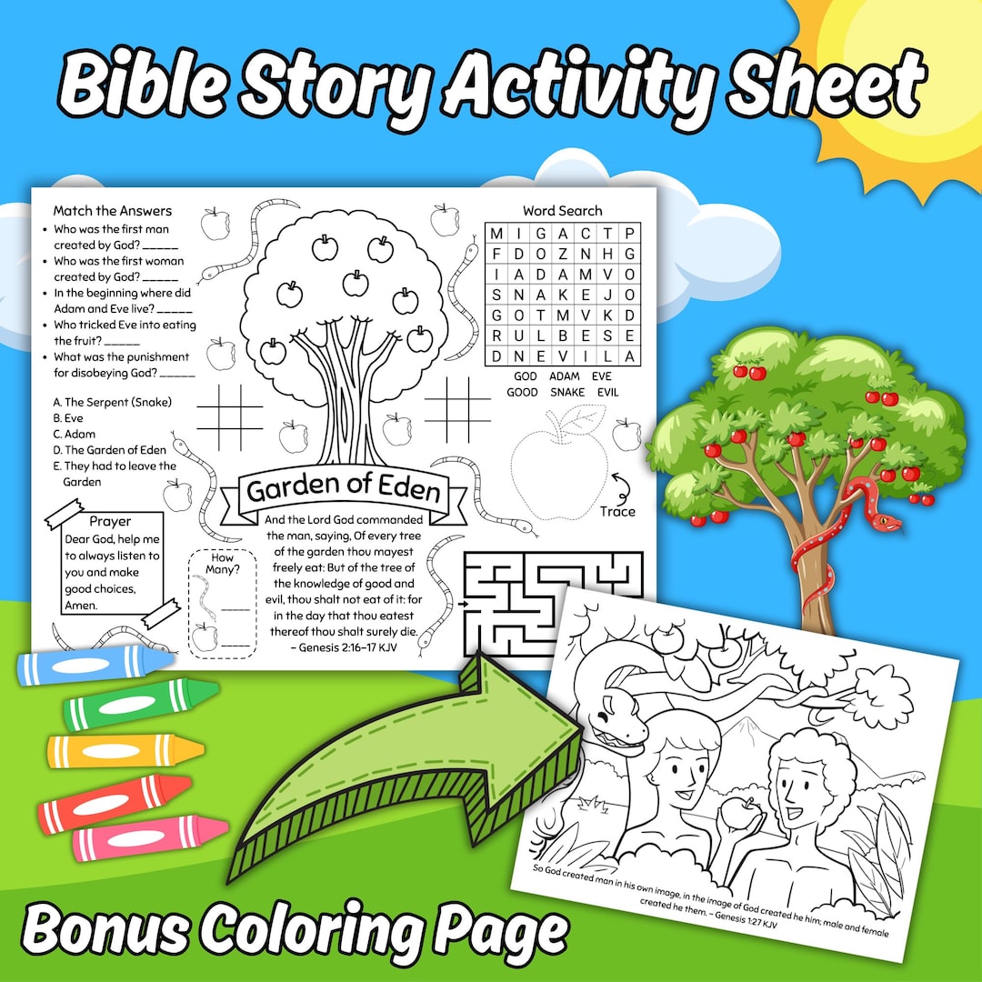Garden of Eden Bible Story Activity Sheet Printable for Kids, Adam and ...