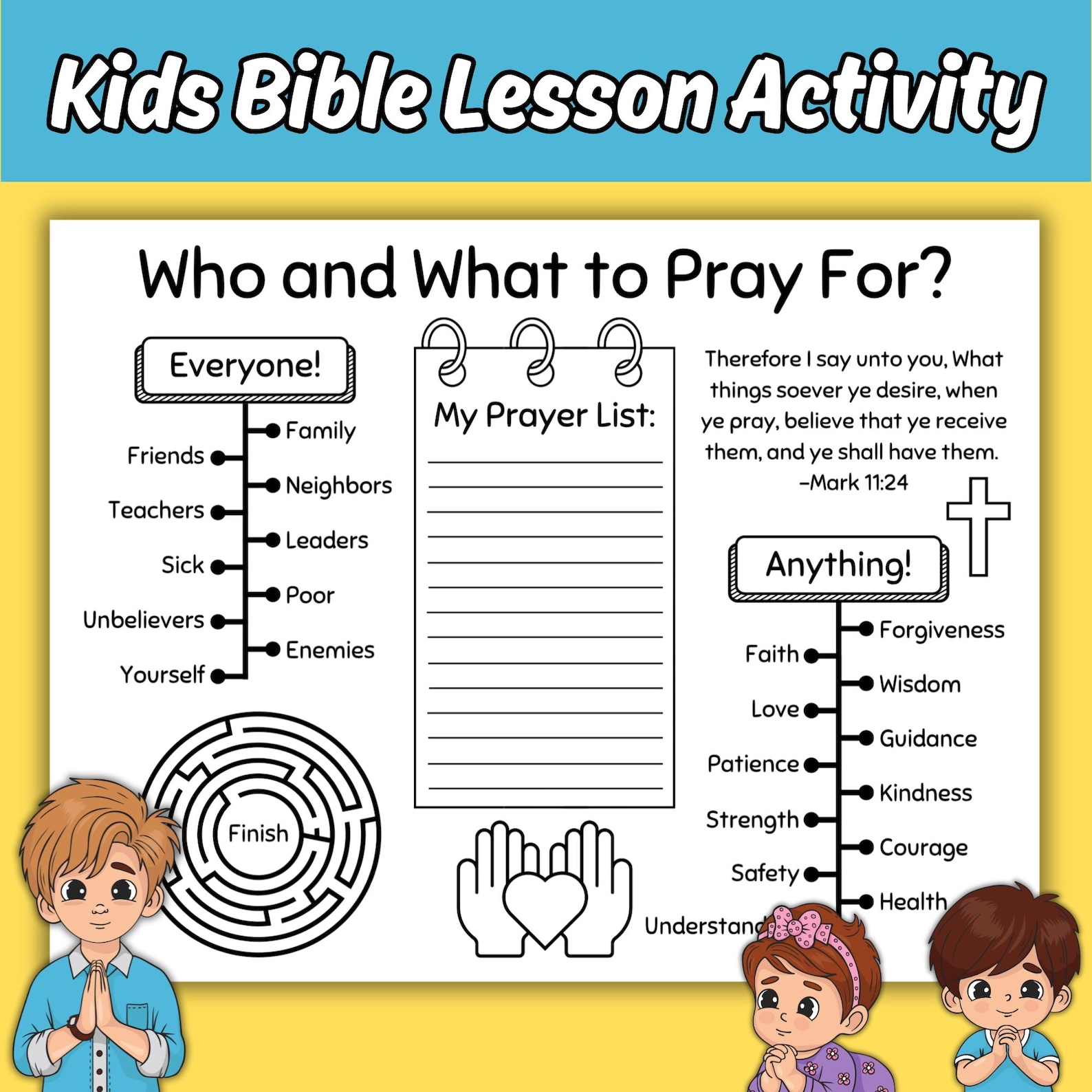 Prayer Bible Lesson Activity Sheet for Kids, Who and What to Pray for ...
