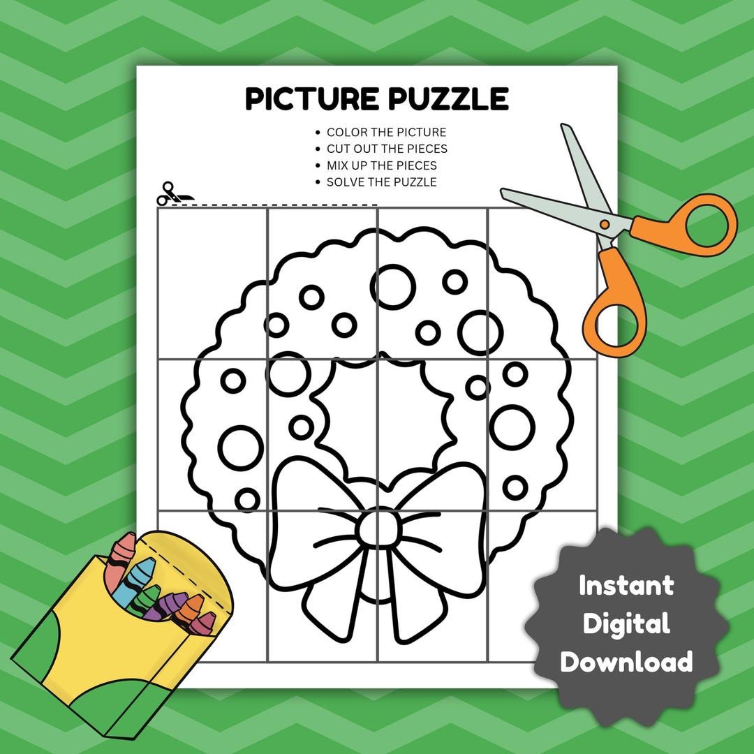 Christmas Wreath Picture Puzzle Activity Worksheet, Holiday Coloring ...
