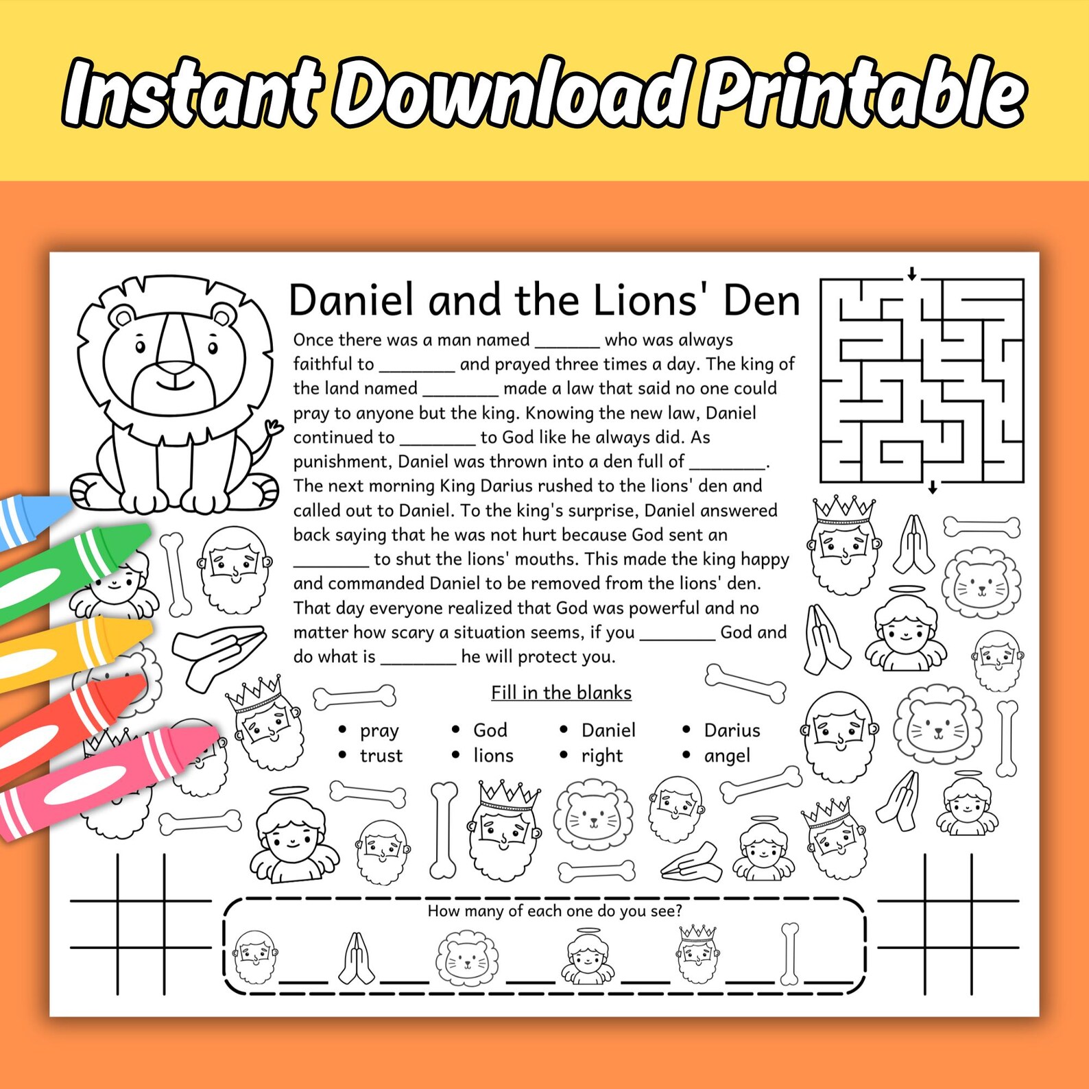 Daniel and the Lions' Den Bible Story Printable Activity Placemat ...