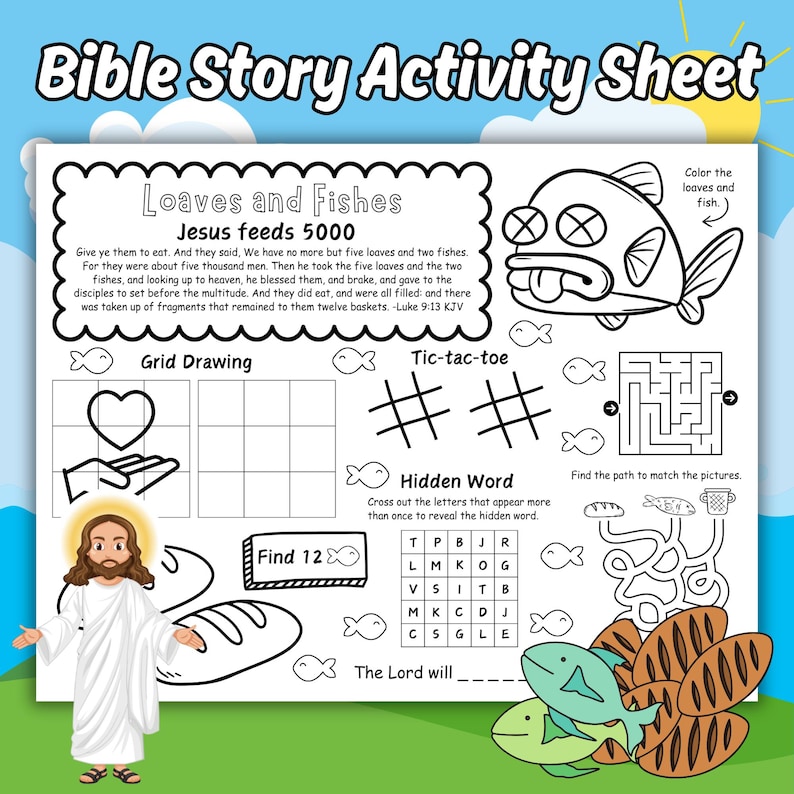 Jesus Feeds 5000 Activity Sheet Printable, Bible Story Coloring ...