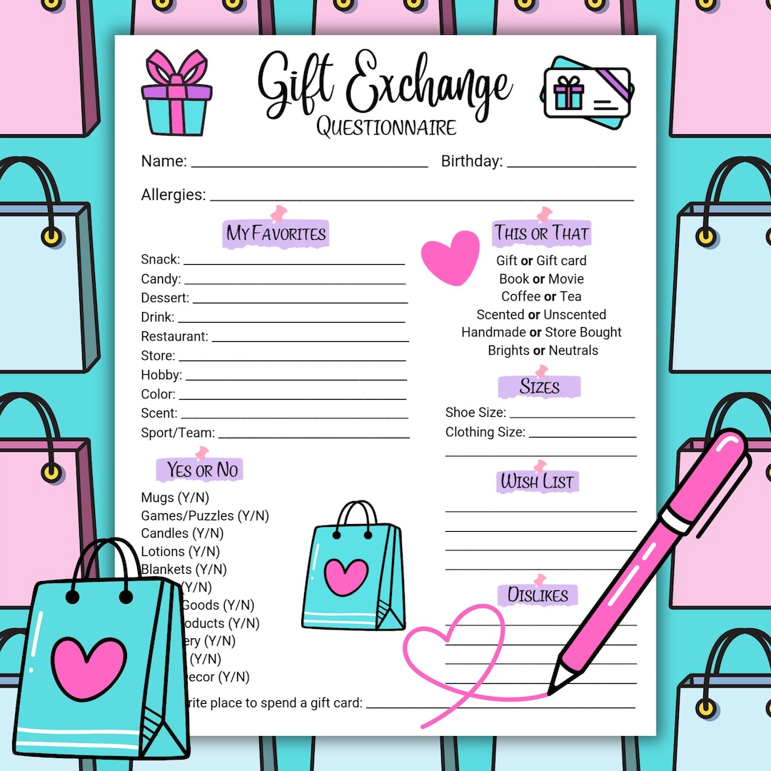 Gift Exchange Questionnaire Printable, Gift Exchange Survey, Gift ...