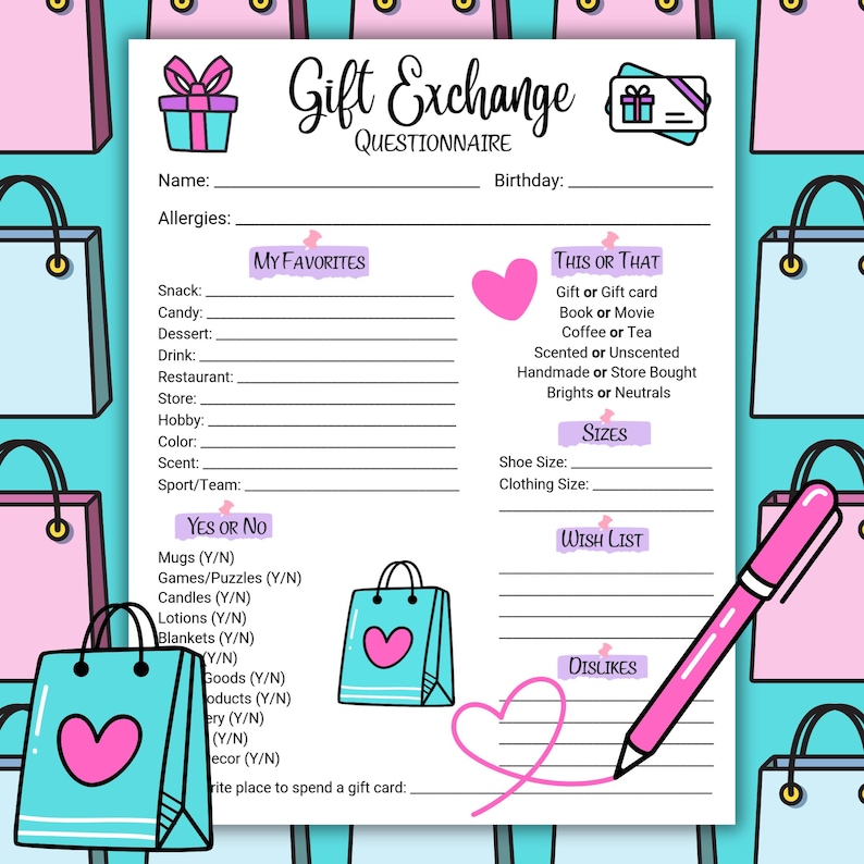 Gift Exchange Questionnaire Printable, Gift Exchange Survey, Gift ...