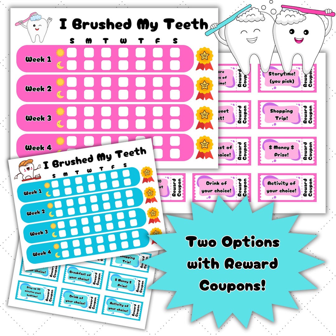 Daily Teeth Brushing Tracker Chart and Reward Coupons Printable for ...
