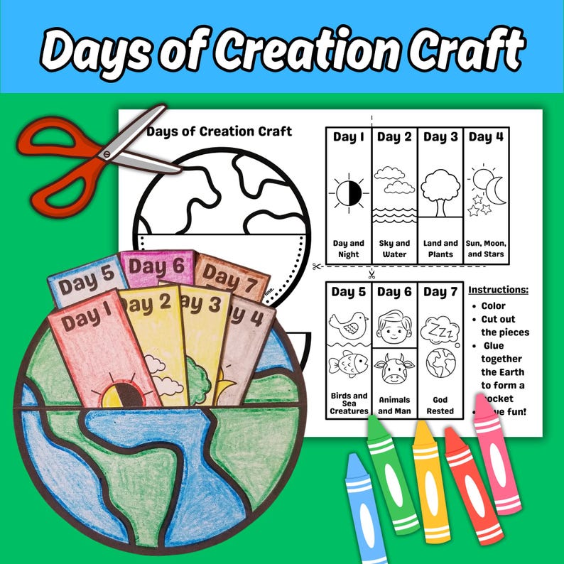 Bible Craft Bundle for Kids, 7 Printable Color Cut Paste Christian ...