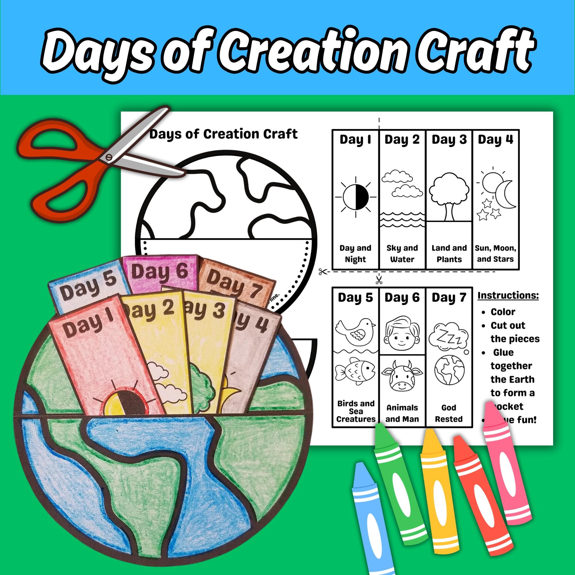 Bible Craft Bundle for Kids, 7 Printable Color Cut Paste Christian ...