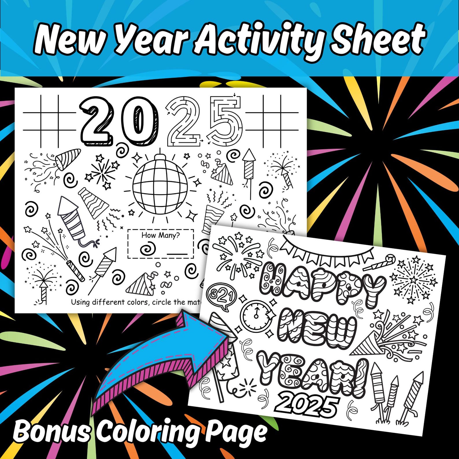 New Year's 2025 Coloring Activity Worksheets for Kids, New Year's Eve ...