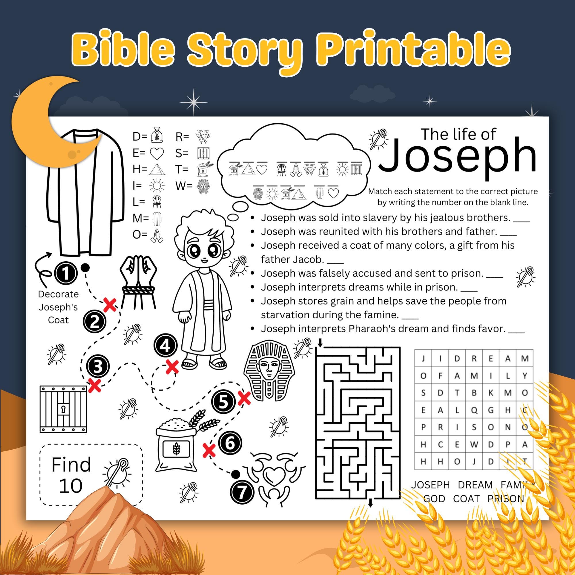 The Life of Joseph the Dreamer Kids Printable Activity Sheet, Joseph ...