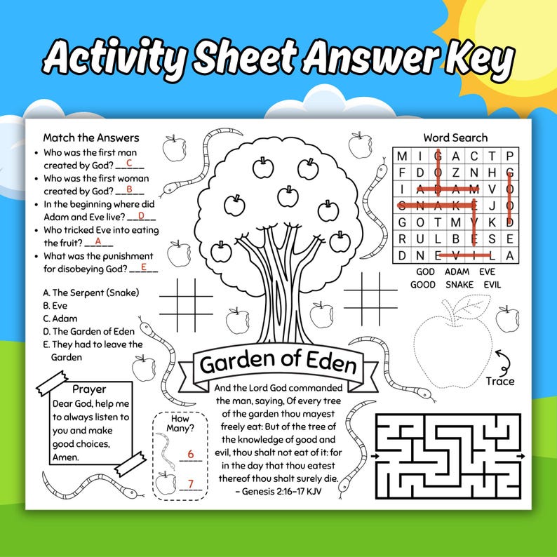 Garden of Eden Bible Story Activity Sheet Printable for Kids, Adam and ...