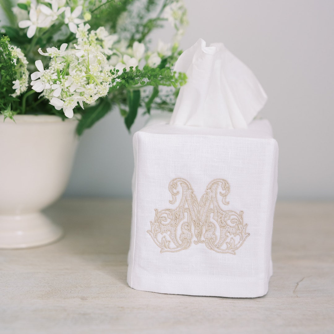 Linen Tissue Box Cover With Single Letter Vine Monogram for Bedroom or ...