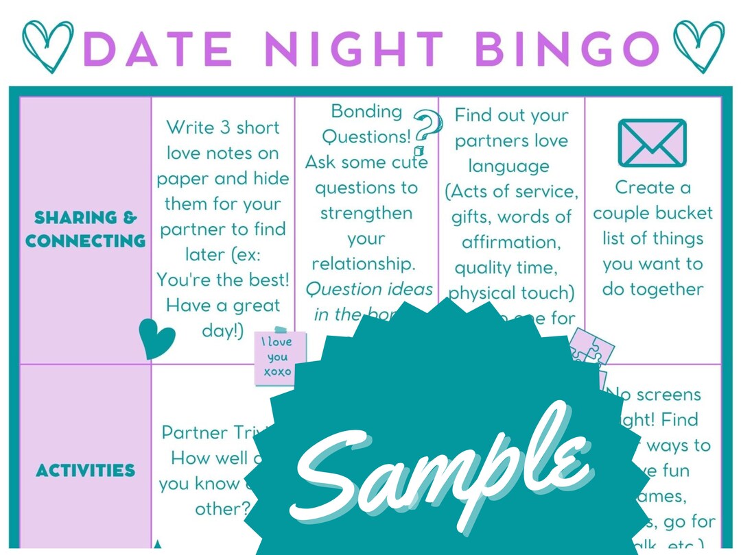 Printable Bingo Card Date Night digital JPG PDF English - Etsy