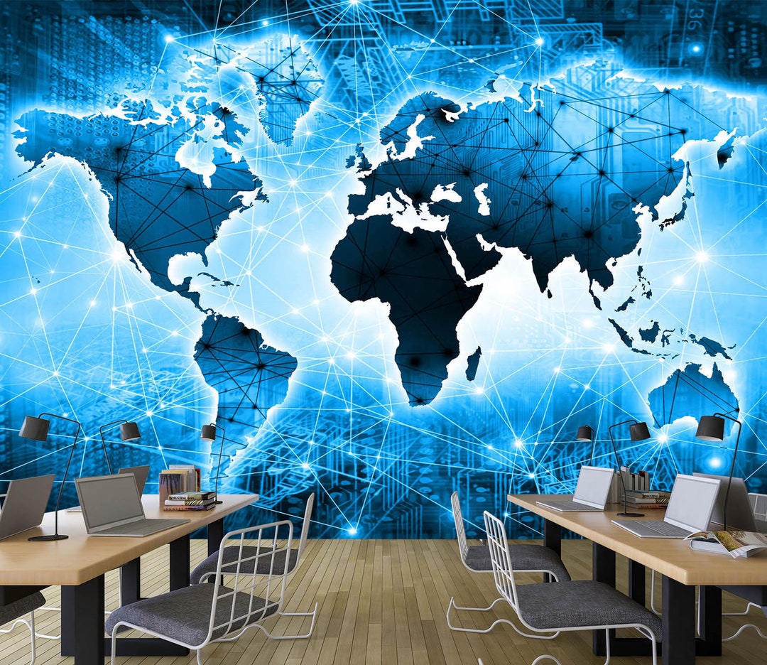 3D Tech Blue Art FFA4926 World Map Removable Wallpaper Self Adhesive ...