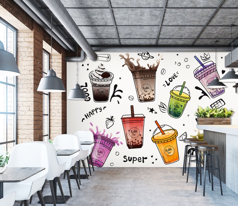 3D Pearl Tea FFA1924 Fruit Bubble Tea Milk Tea Shop Removable Wallpaper ...